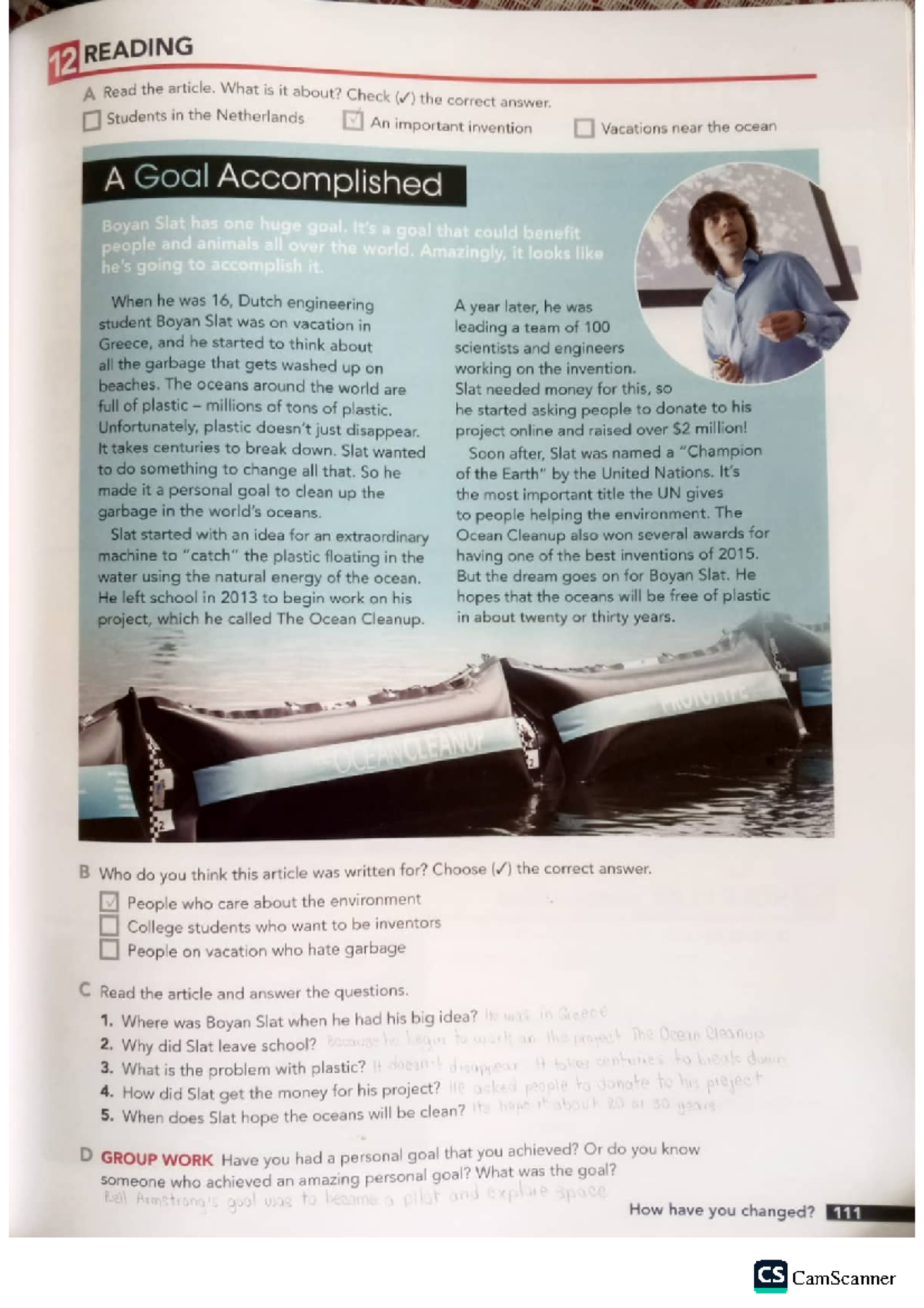 Reading 16 - Práctica de inglés: Boyan Slat and The Ocean Cleanup - Studocu