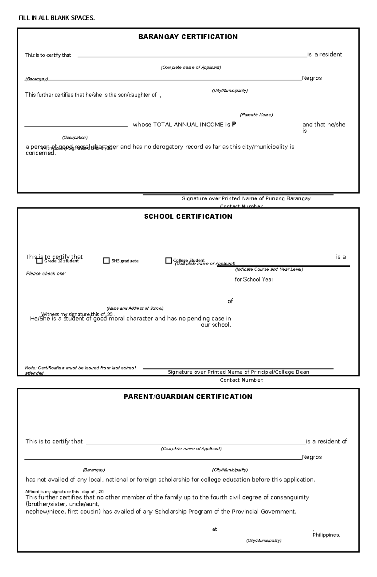 NOSP - Barangay and School Certification Application Form - Studocu