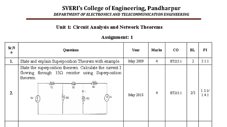 ET213 Circuit Analysis & Network Theorems Assignment 1 - Studocu
