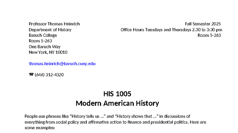HIS 1005 Fall 2025 - Modern American History Syllabus - Studocu