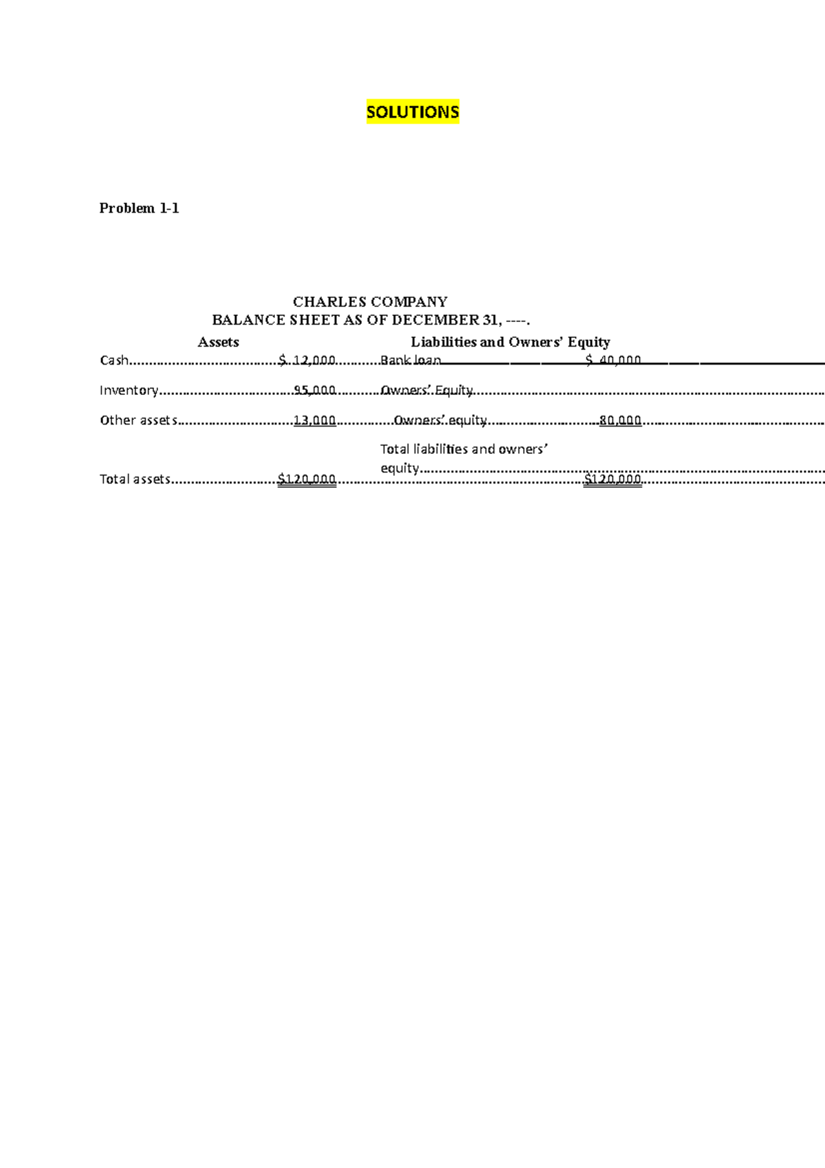 Assignments - Key Solutions for Accounting Balance Sheet Problems - Studocu