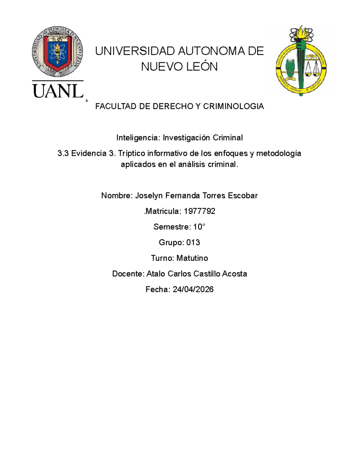 Tríptico Informativo sobre Análisis Criminal - UANL 3.3 - Studocu