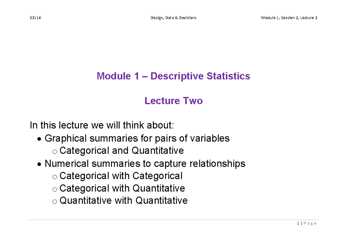 Lecture 2 - Module 1 DDD - Module 1 – Descriptive Statistics Lecture ...