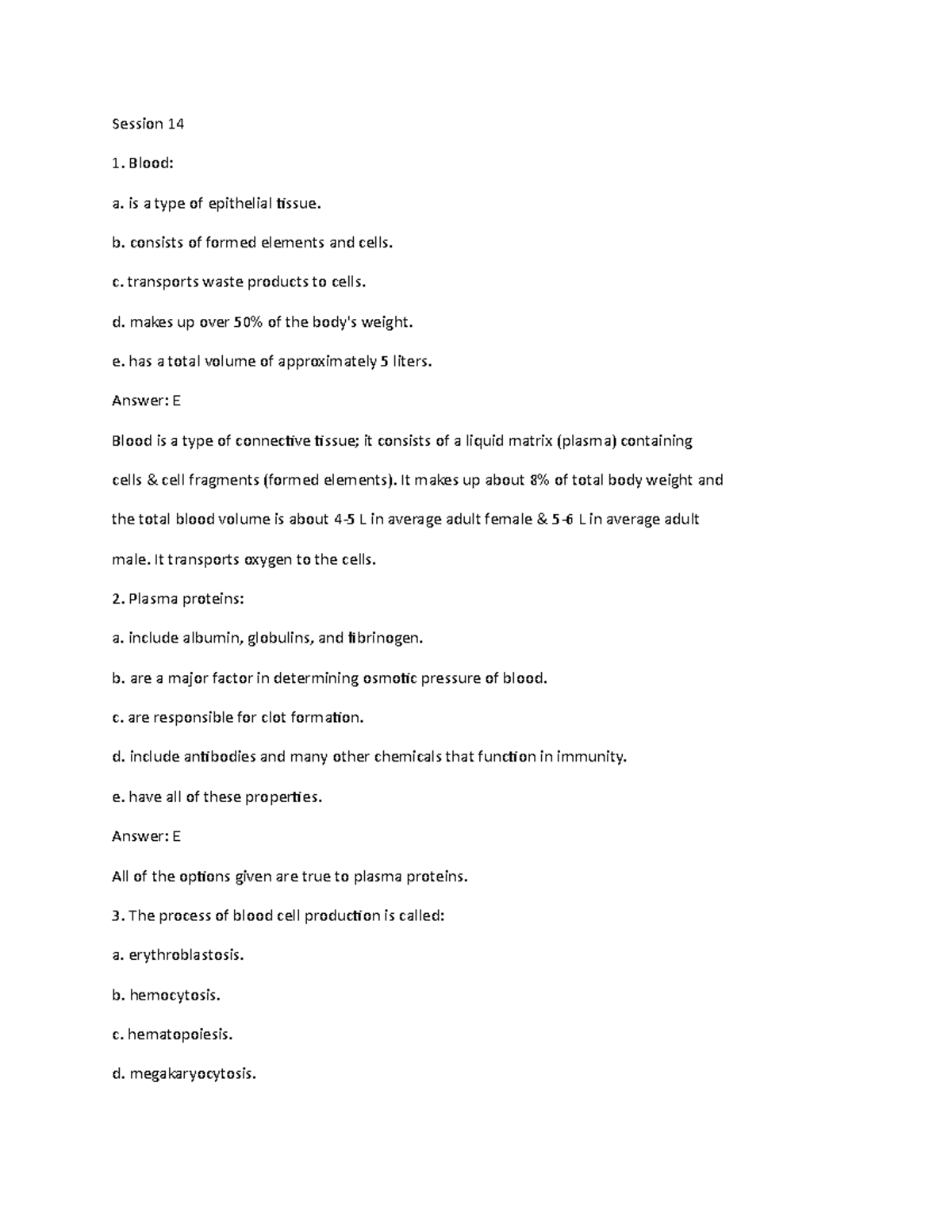 Anaphy LEC 14: Blood, Plasma Proteins & Erythropoiesis Review - Studocu