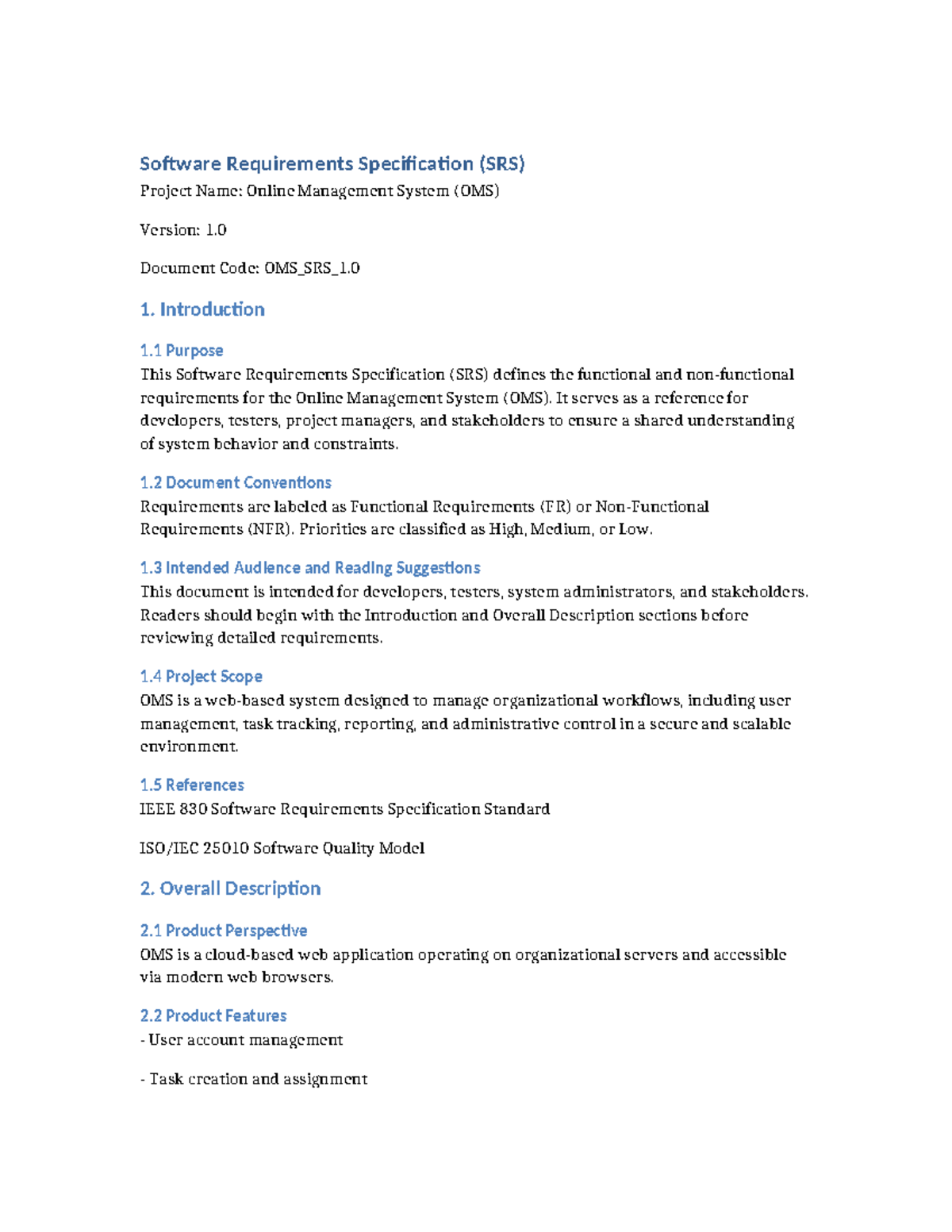 Online Management System (OMS) SRS Document - Version 1.0 - Studocu
