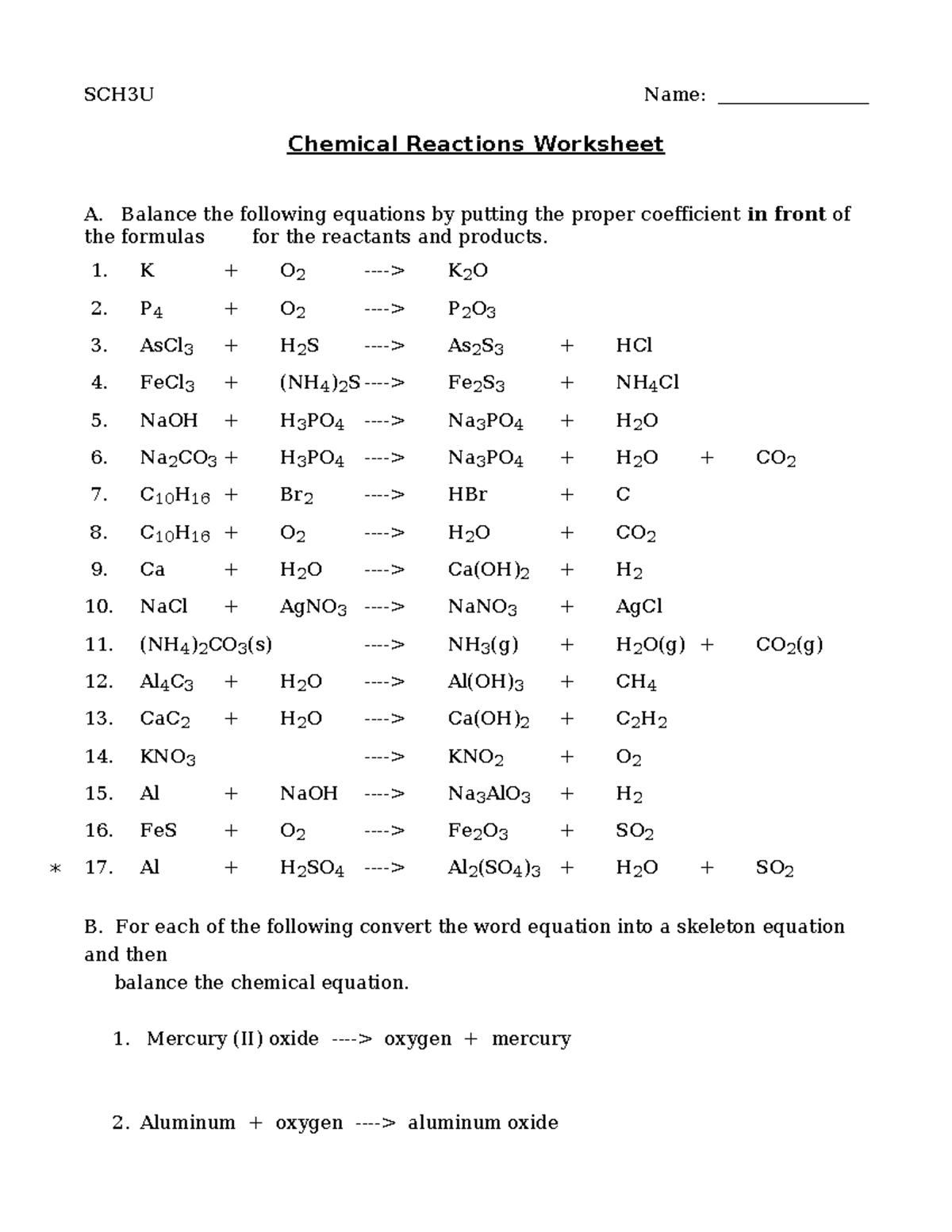 SCH3U - Unit 2 Activity 7: Chemical Reactions Worksheet - Studocu