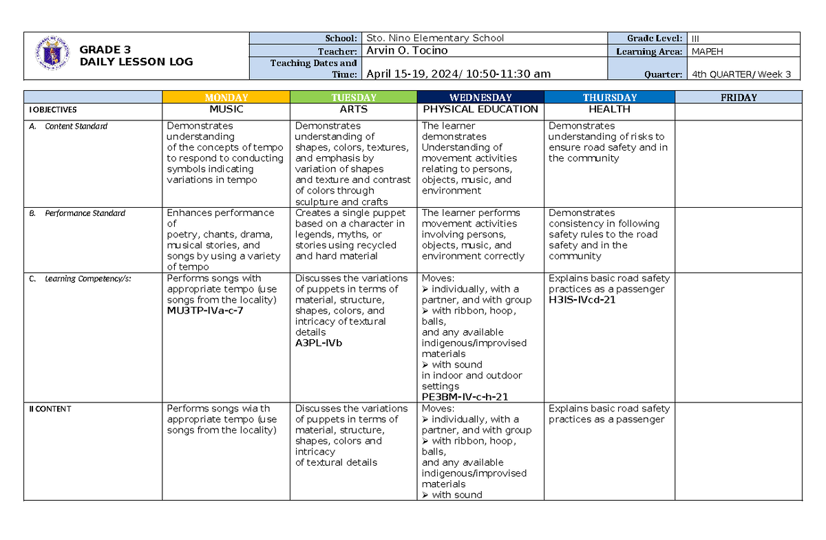 DLL MAPEH 3 Q4 W3 - Daily Lesson Log for Grade 3 Students - Studocu
