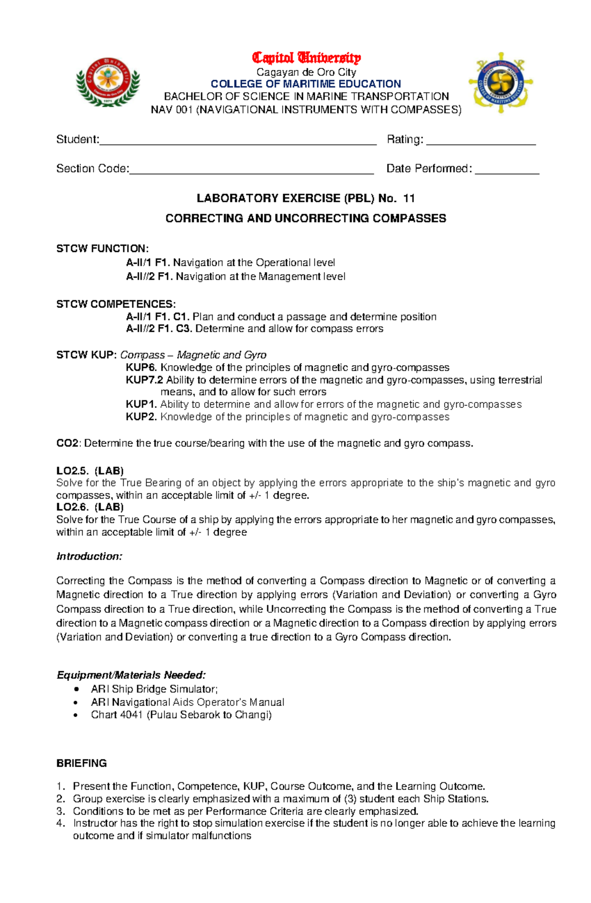 NAV 001 LAB Exercise 11: Navigating with Compass Corrections - Studocu