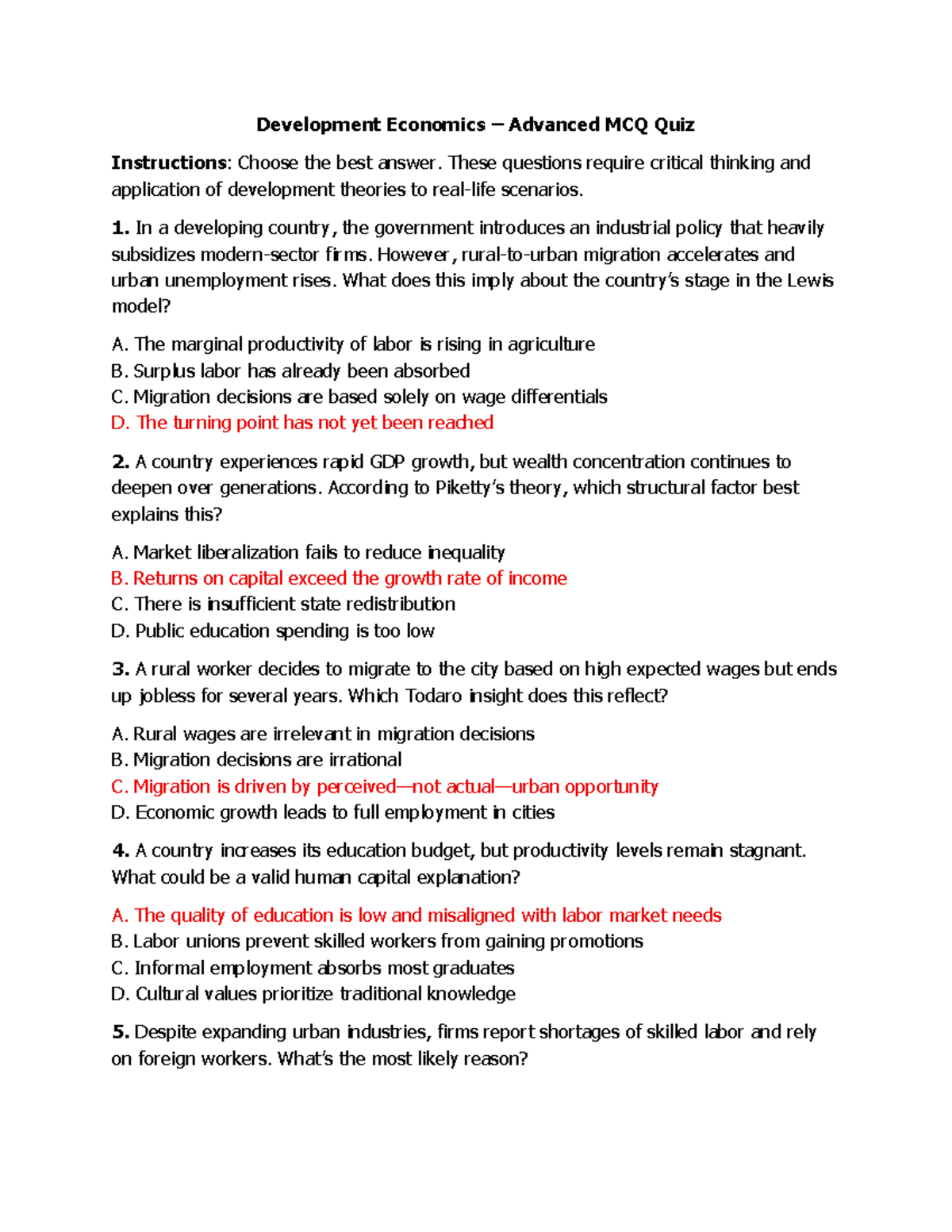Development Economics - Advanced MCQ Quiz Insights and Analysis - Studocu
