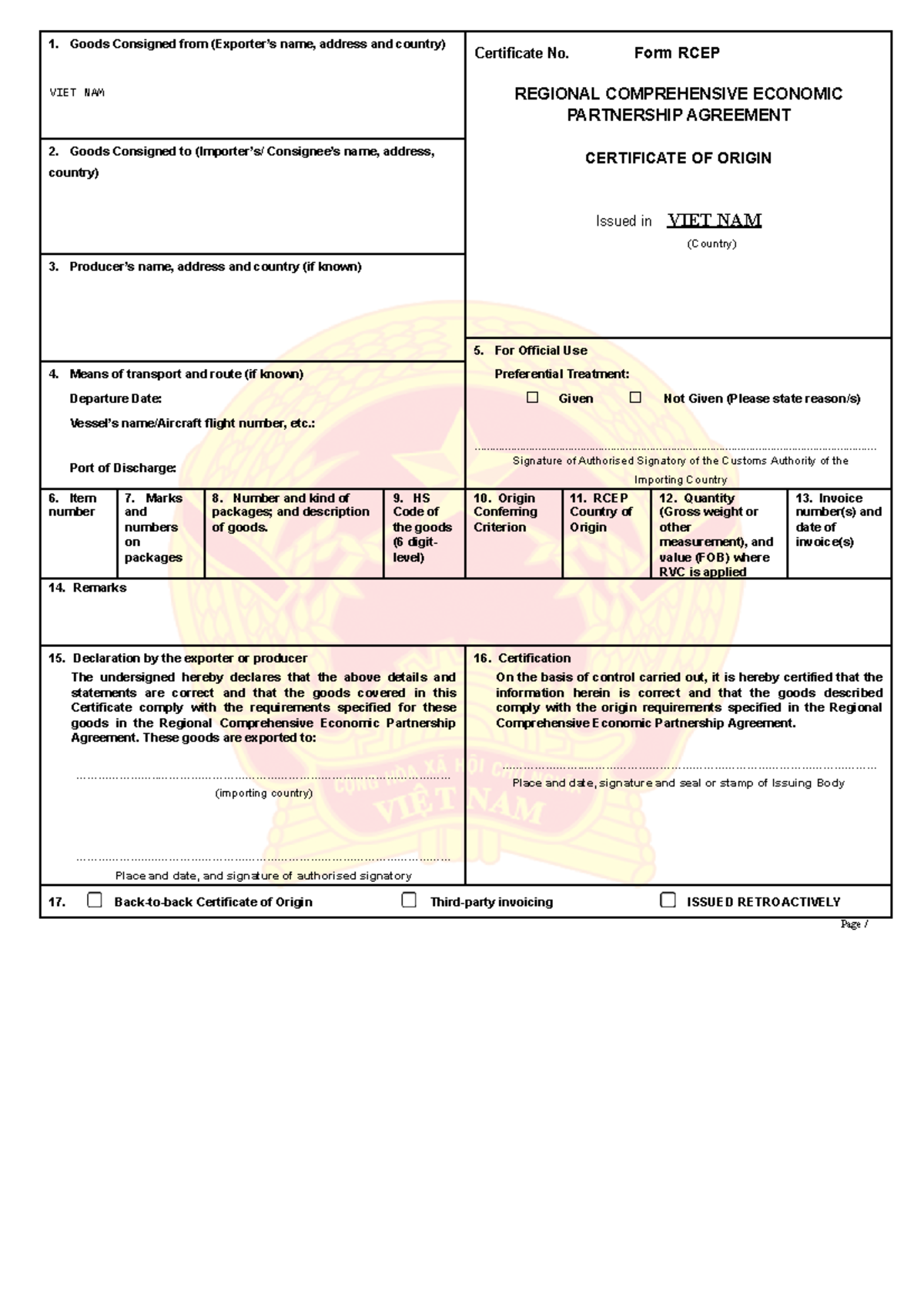 CO Form RCEP: Certificate of Origin for Goods Exported from Vietnam ...