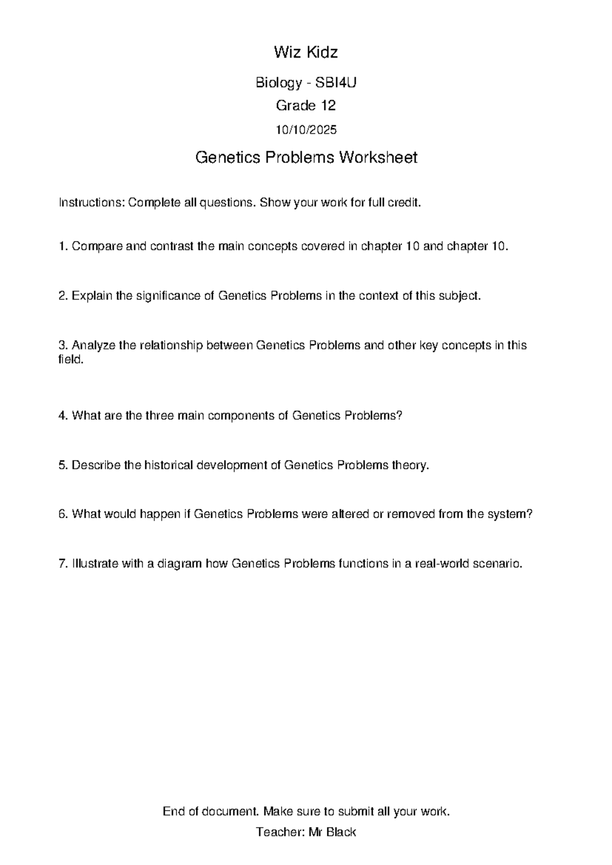 SBI4U Grade 12 Genetics Problems Worksheet Instructions - Studocu