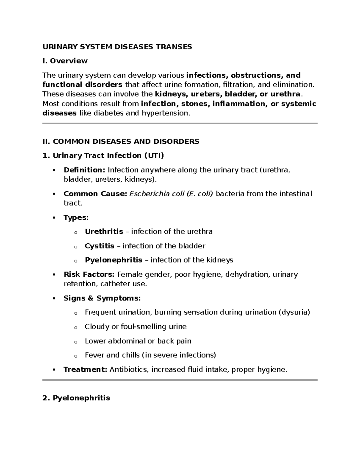 Urinary System Diseases Overview and Common Disorders - Studocu