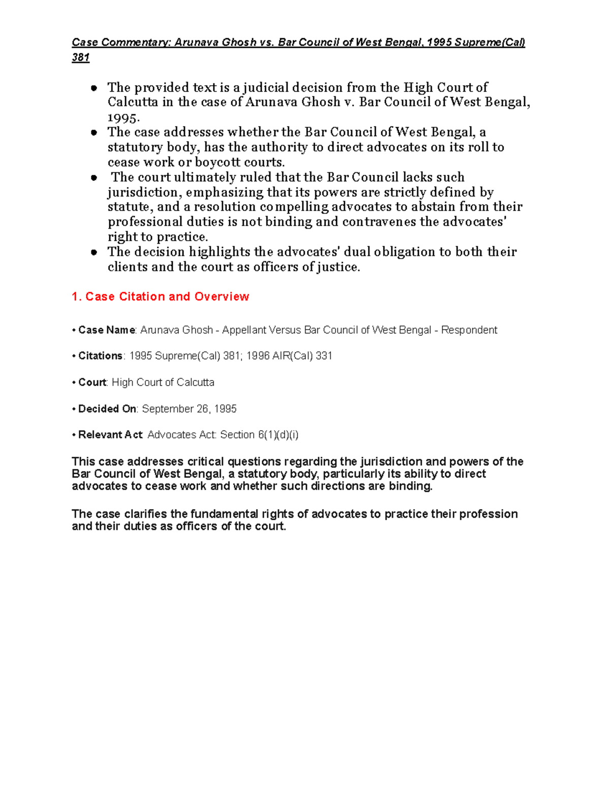 Case Commentary: Arunava Ghosh vs. Bar Council of WB, 1995 Supreme(Cal ...