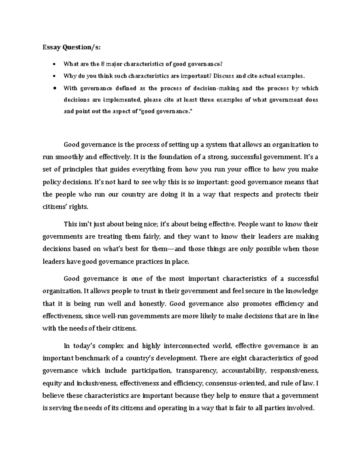 Characteristics of Good Governance: Key Insights and Implications - Studocu