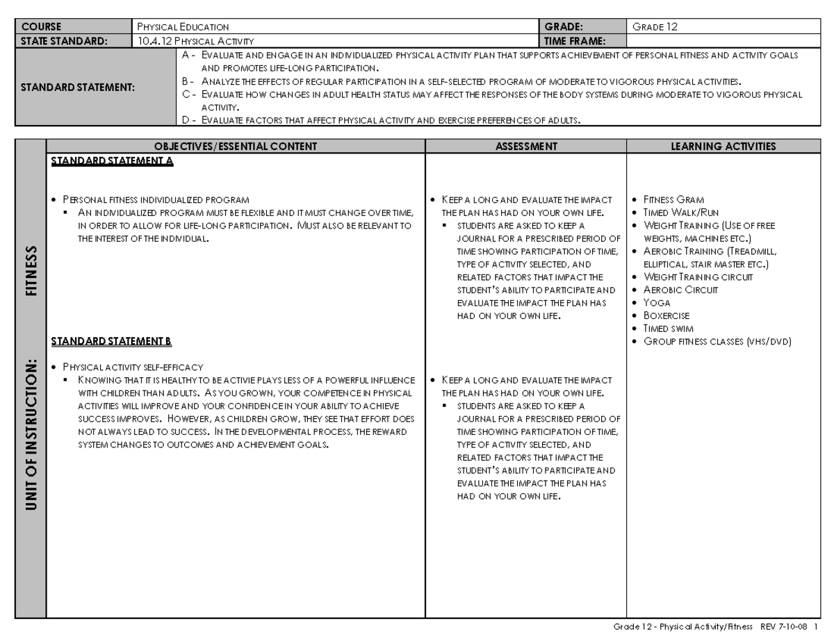 Grade 12 Physical Education Unit: Activities & Fitness Strategies - Studocu