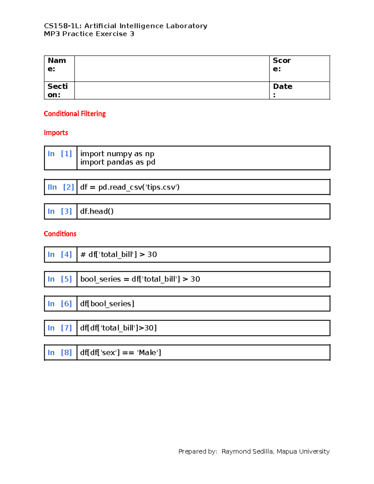 CS 158 - 1 L: MP3 Practice Exercise on Conditional Filtering - Studocu