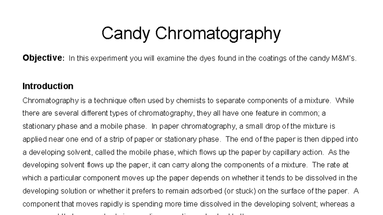 Candy Chromatography Experiment: Analyzing Food Dyes - Studocu