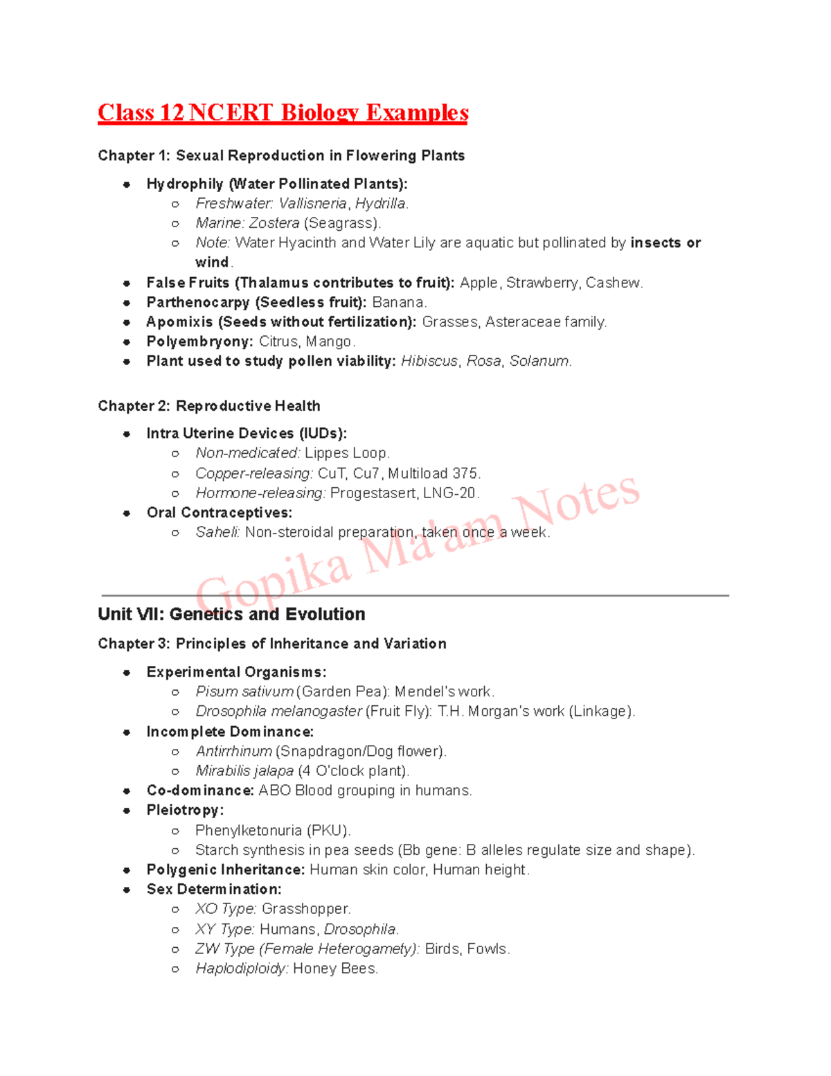Class 12 NCERT Biology Examples: Key Concepts and Topics Overview - Studocu