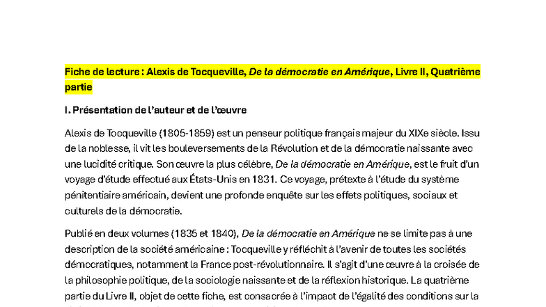 Fiche de lecture : Alexis de Tocqueville, De la démocratie en Amérique, Livre - Studocu