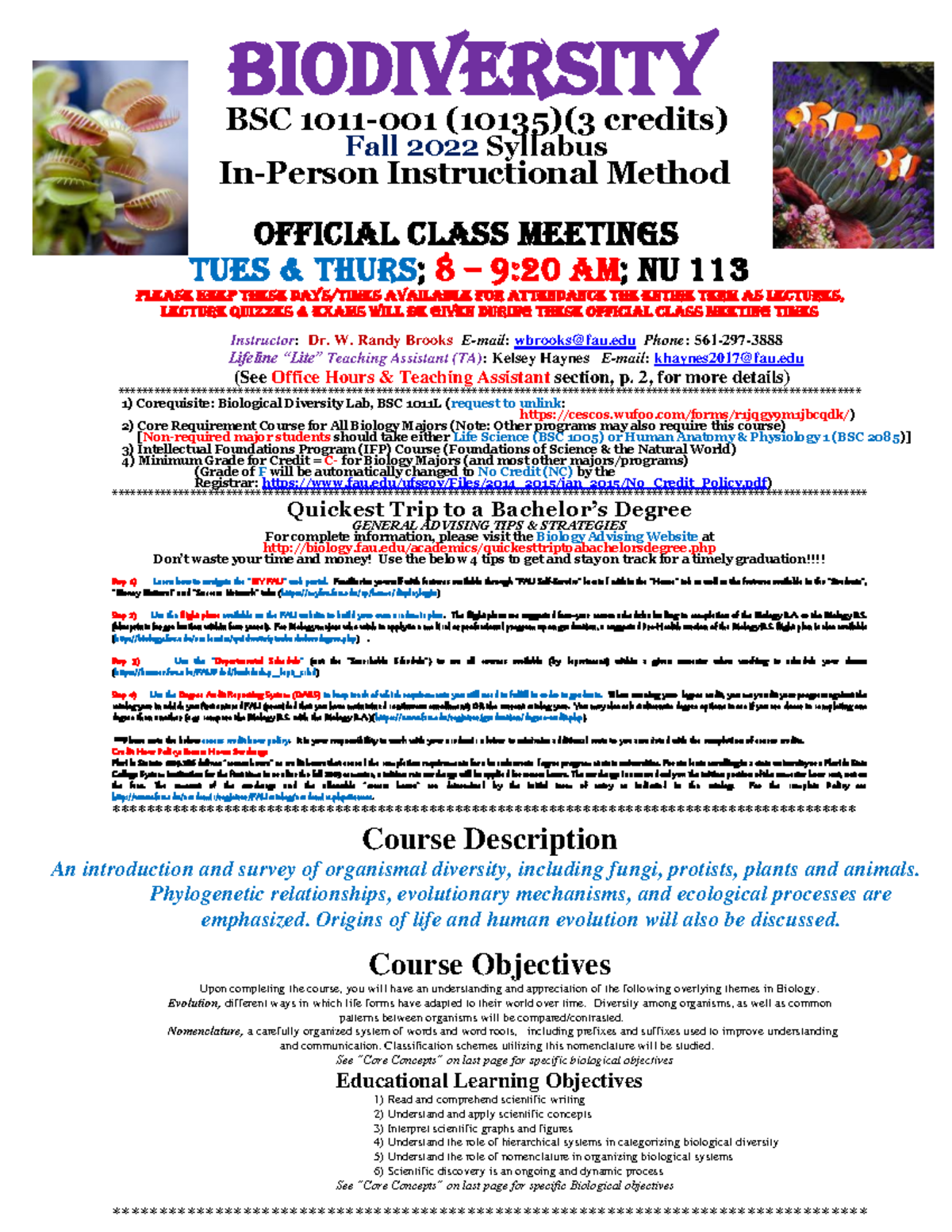 BSC 1011-001: Fall 2022 Biodiversity Syllabus & Course Policies - Studocu
