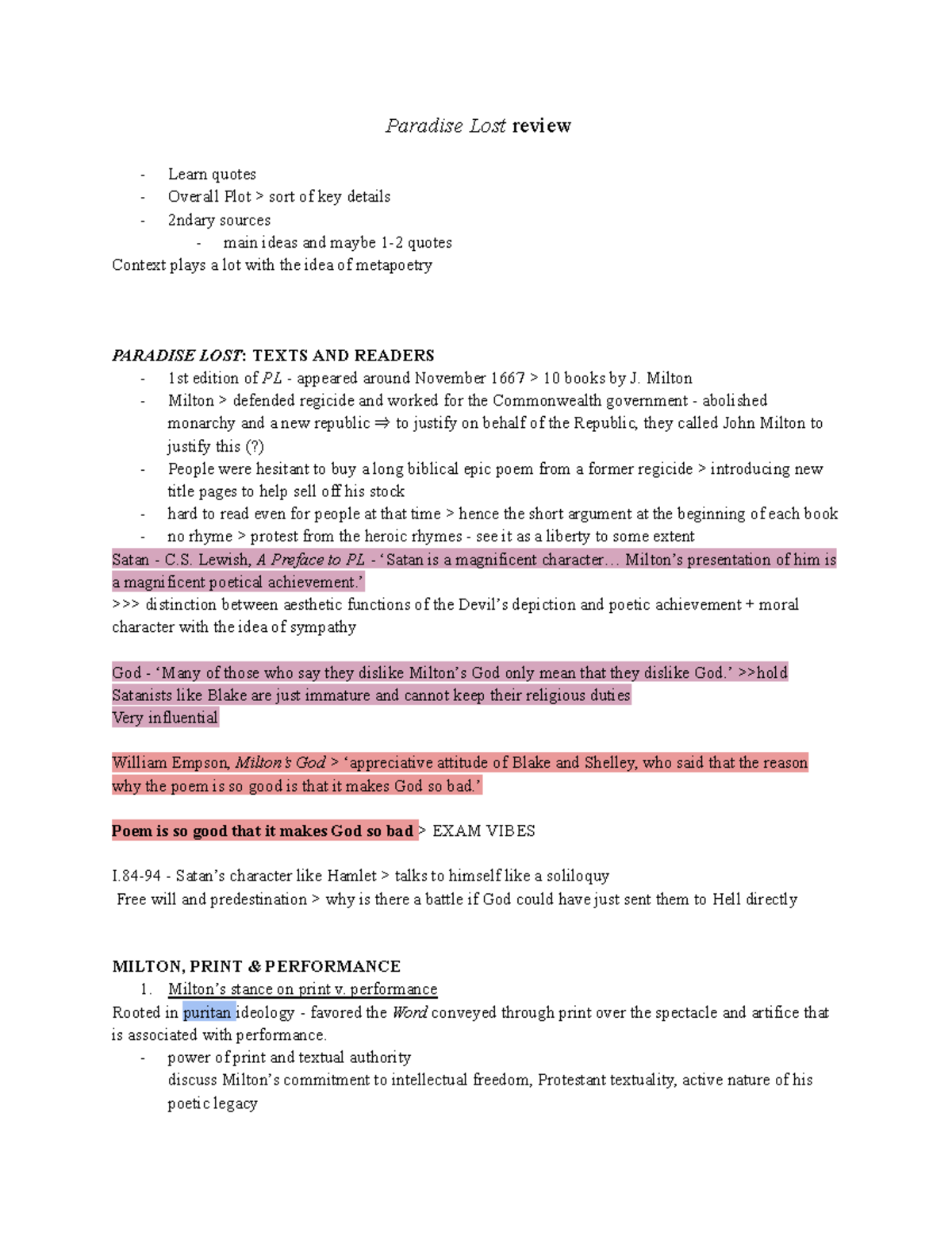 EN2003 - Paradise Lost: Lecture Notes, Key Quotes & Analysis - Studocu