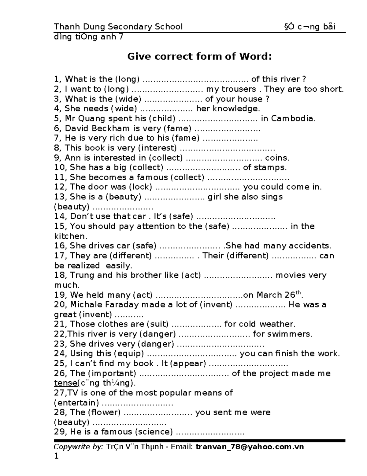Grade 7 English: Word Form Exercises and Answers - Studocu