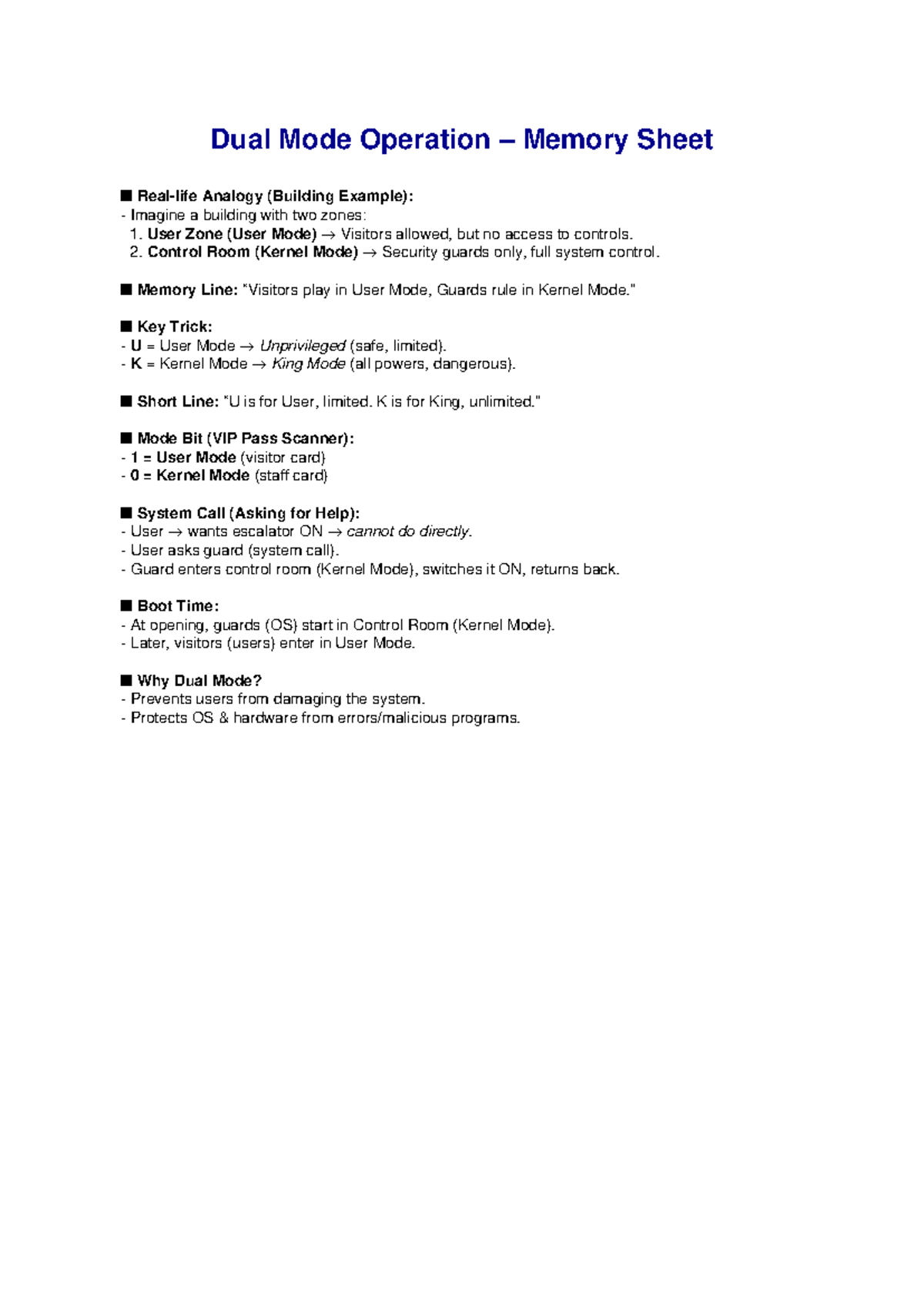 CSE 101: Dual Mode Operation Memory Sheet Analogy for OS - Studocu