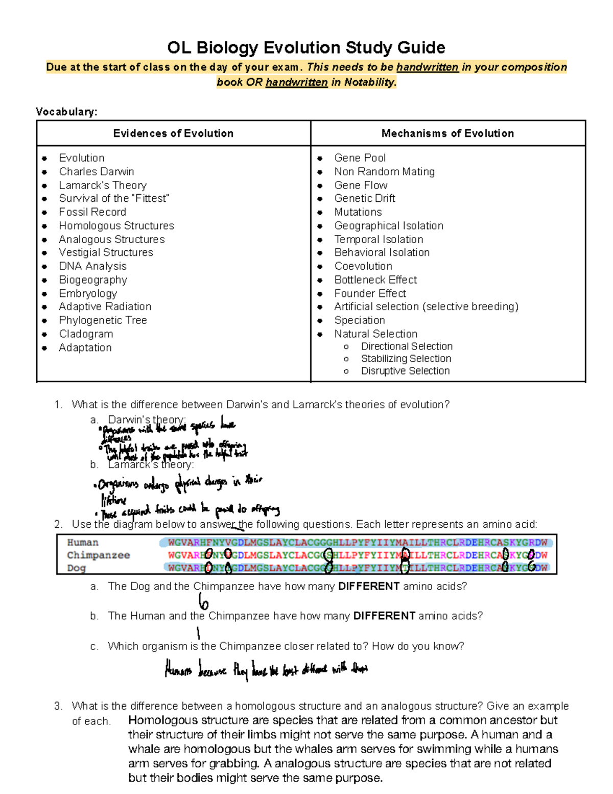 OL Biology Unit 7 Evolution Study Guide 2025 - OL Biology Evolution ...
