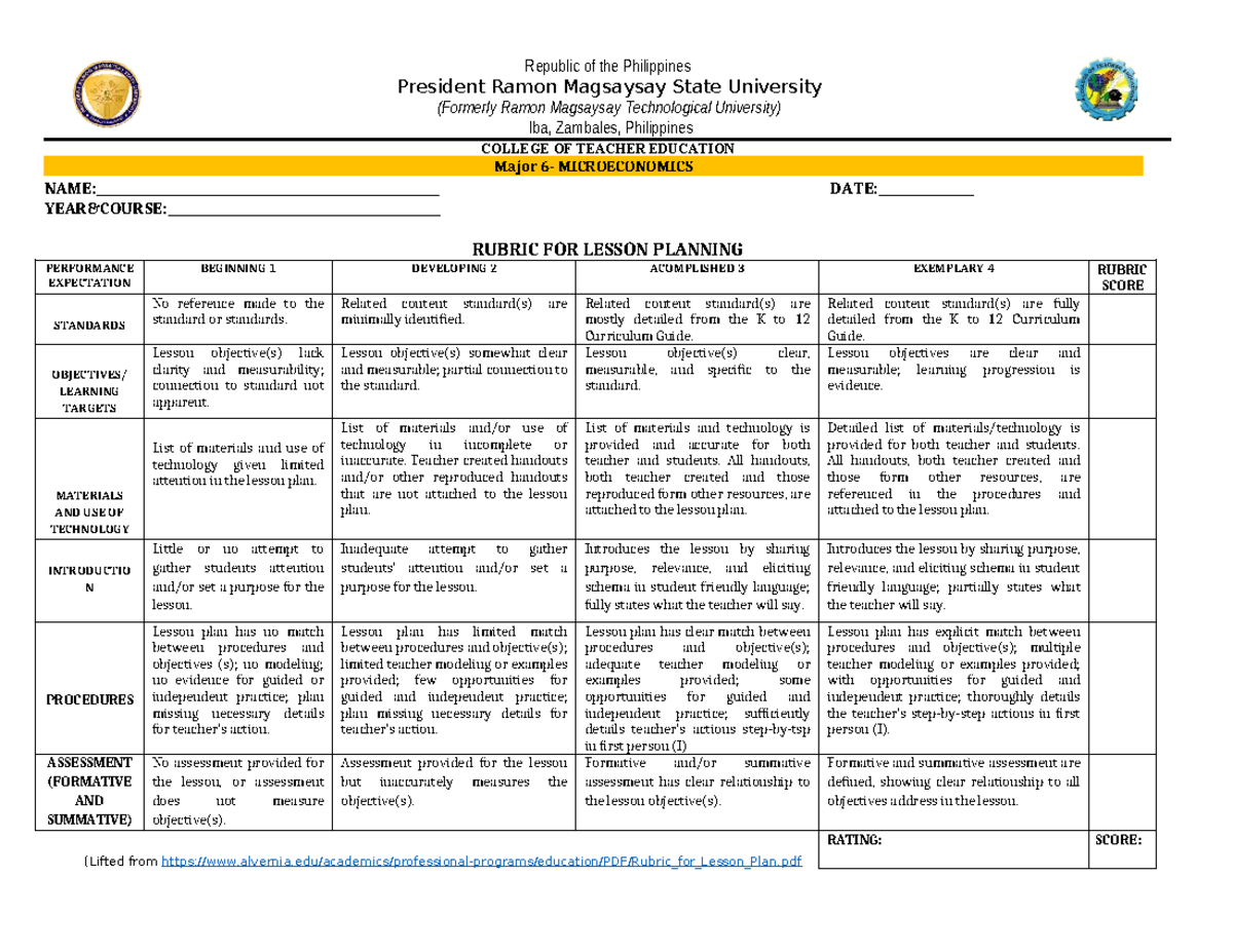 Rubric for Lesson Plan Evaluation (Major 6) - Studocu