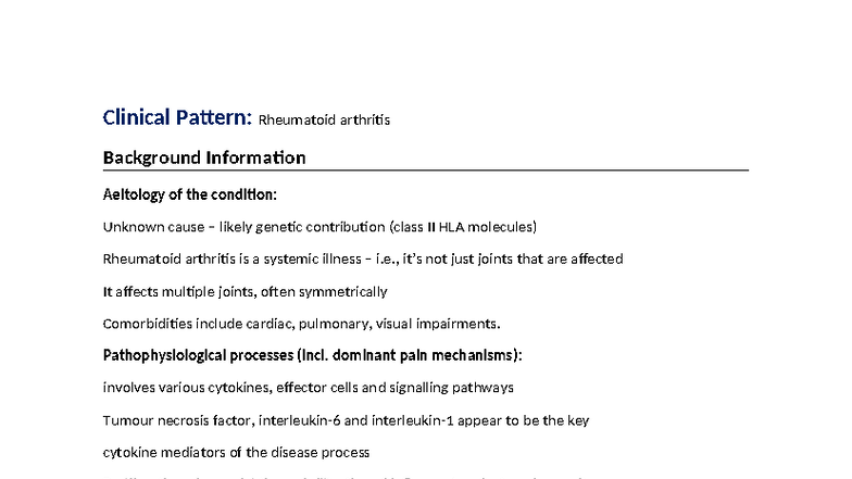 Clinical Pattern: Rheumatoid Arthritis Overview and Management - Studocu
