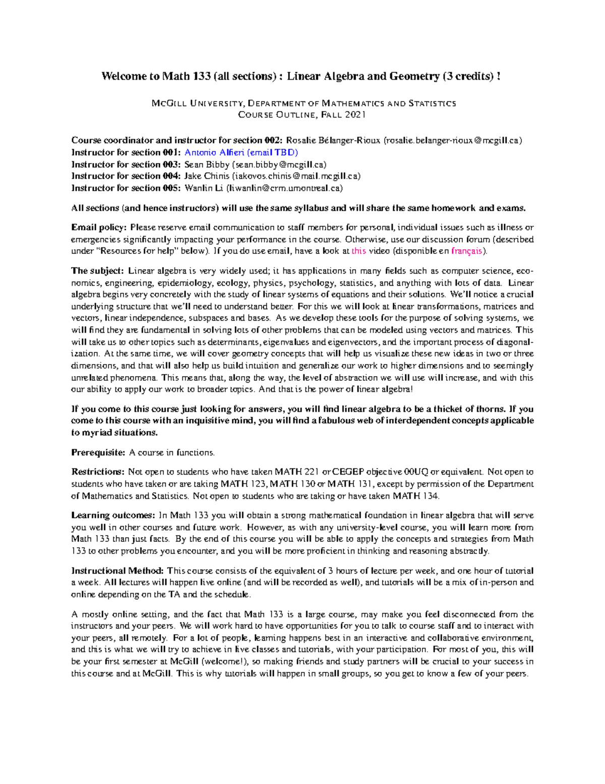 Syllabus - Welcome to Math 133 (all sections) : Linear Algebra and ...