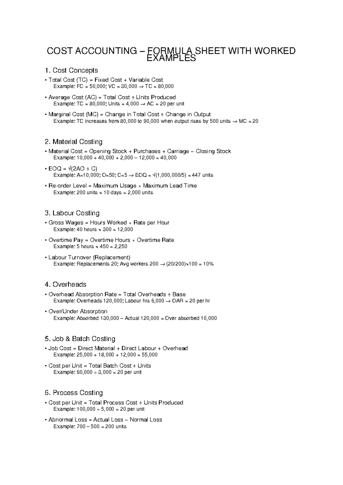 COST 101: Cost Accounting Formula Sheet & Examples - Studocu