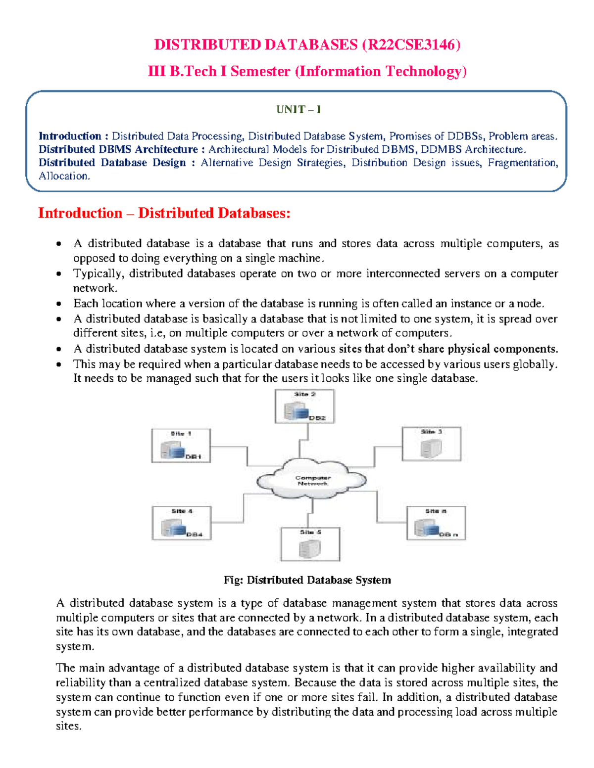 DDB Notes (R22CSE3146) - B.Tech I Sem: Overview & Architecture - Studocu
