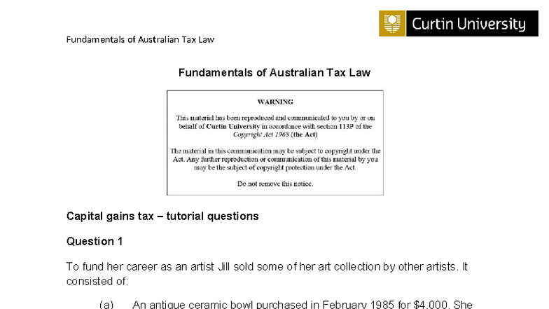 Capital Gains Tax Tutorial Questions 2022 - Fundamentals of Australian ...