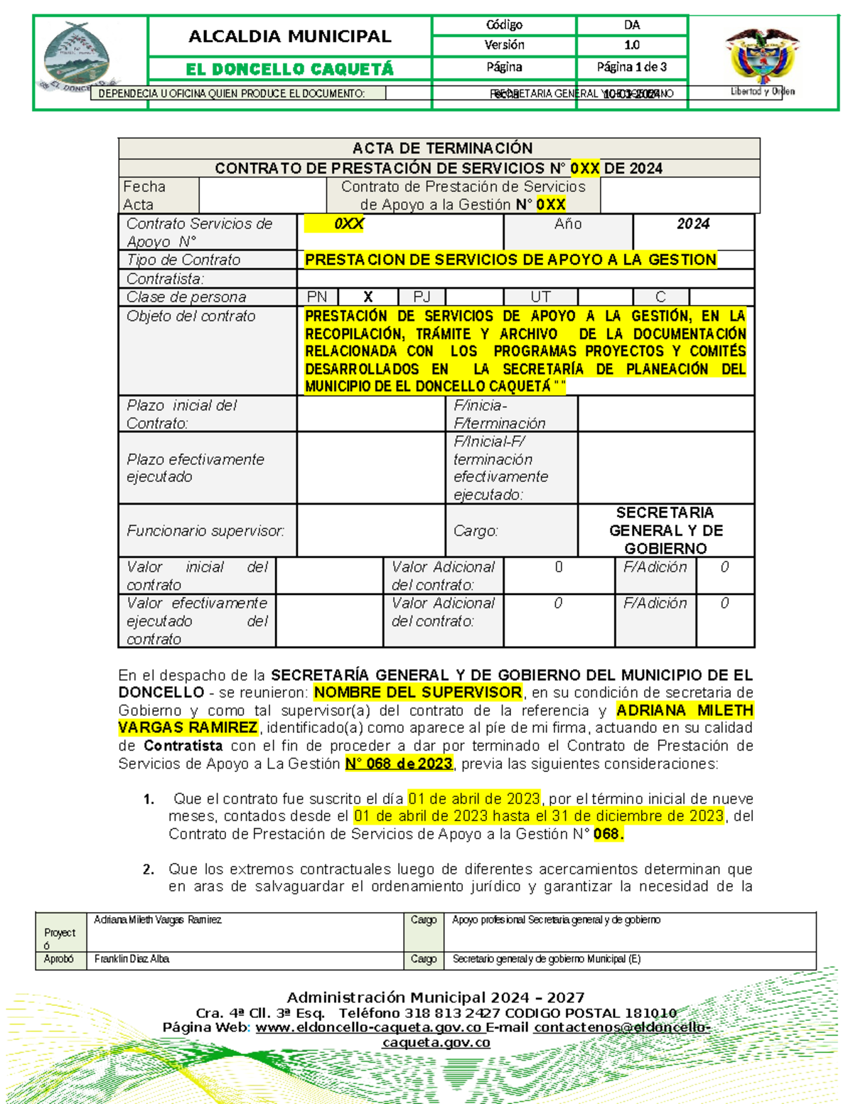 Acta de Terminación del Contrato de Servicios N° 068 de 2024 - Studocu