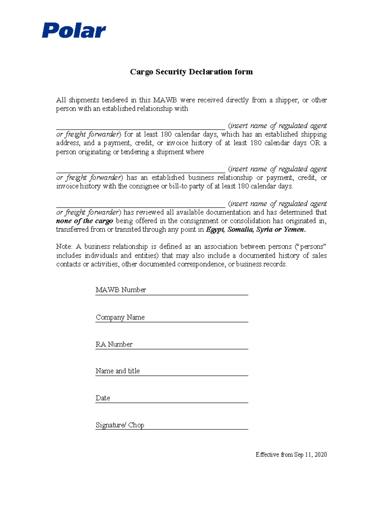 Cargo Security Declaration Form - MAWB Compliance (Effective 11Sep2020 ...