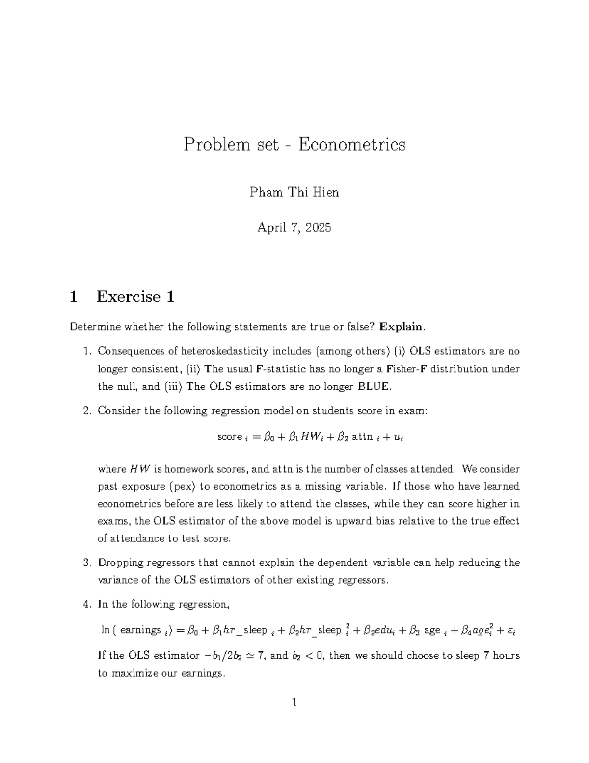 Problem Set Econometrics 2025 Revised - Problem set - Econometrics Pham ...