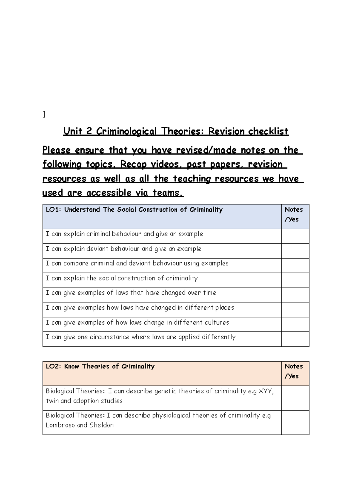 Unit 2 Criminological Theories: Revision Checklist & Study Guide - Studocu