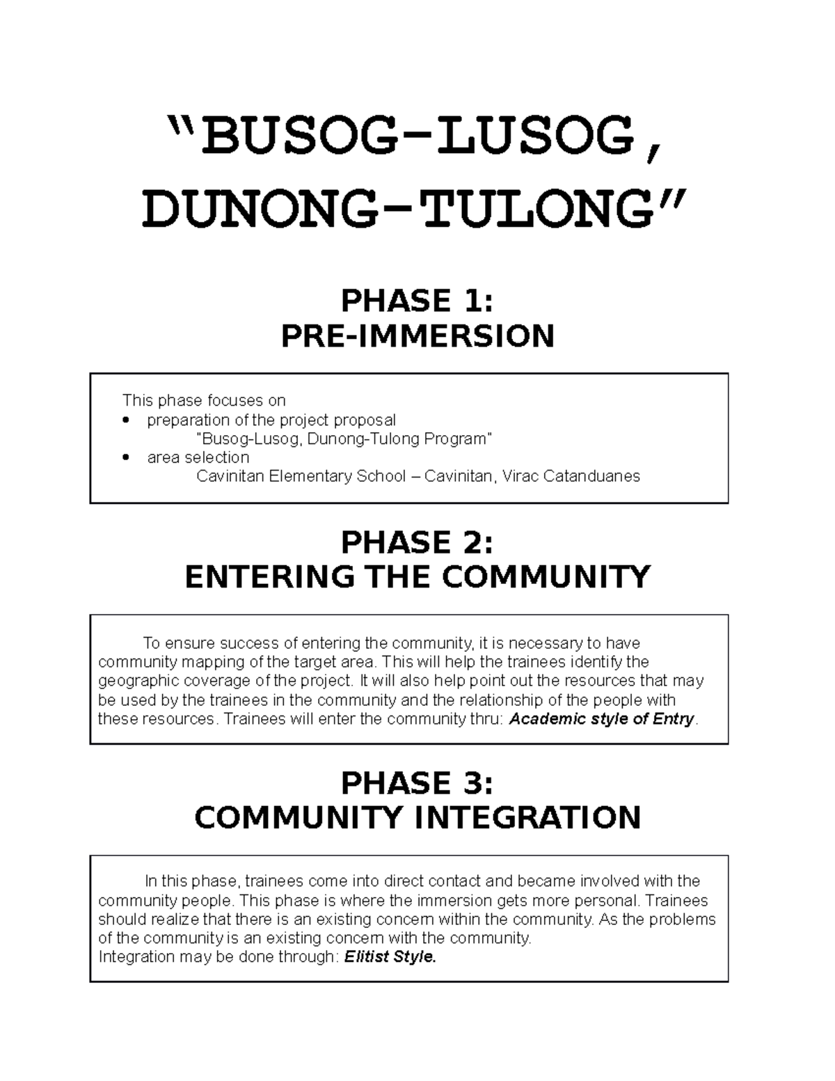 Process OF Community Immersion - “BUSOG-LUSOG, DUNONG-TULONG” PHASE 1 ...
