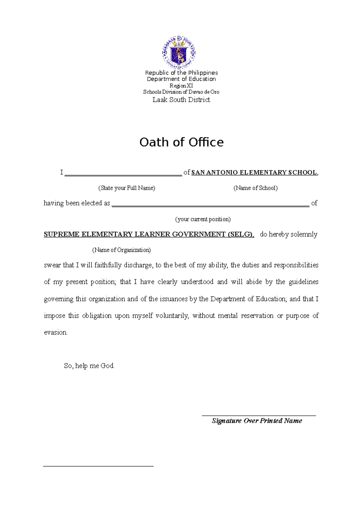 SELG 2024 Oath of Office - Supreme Elementary Learner Government - Studocu
