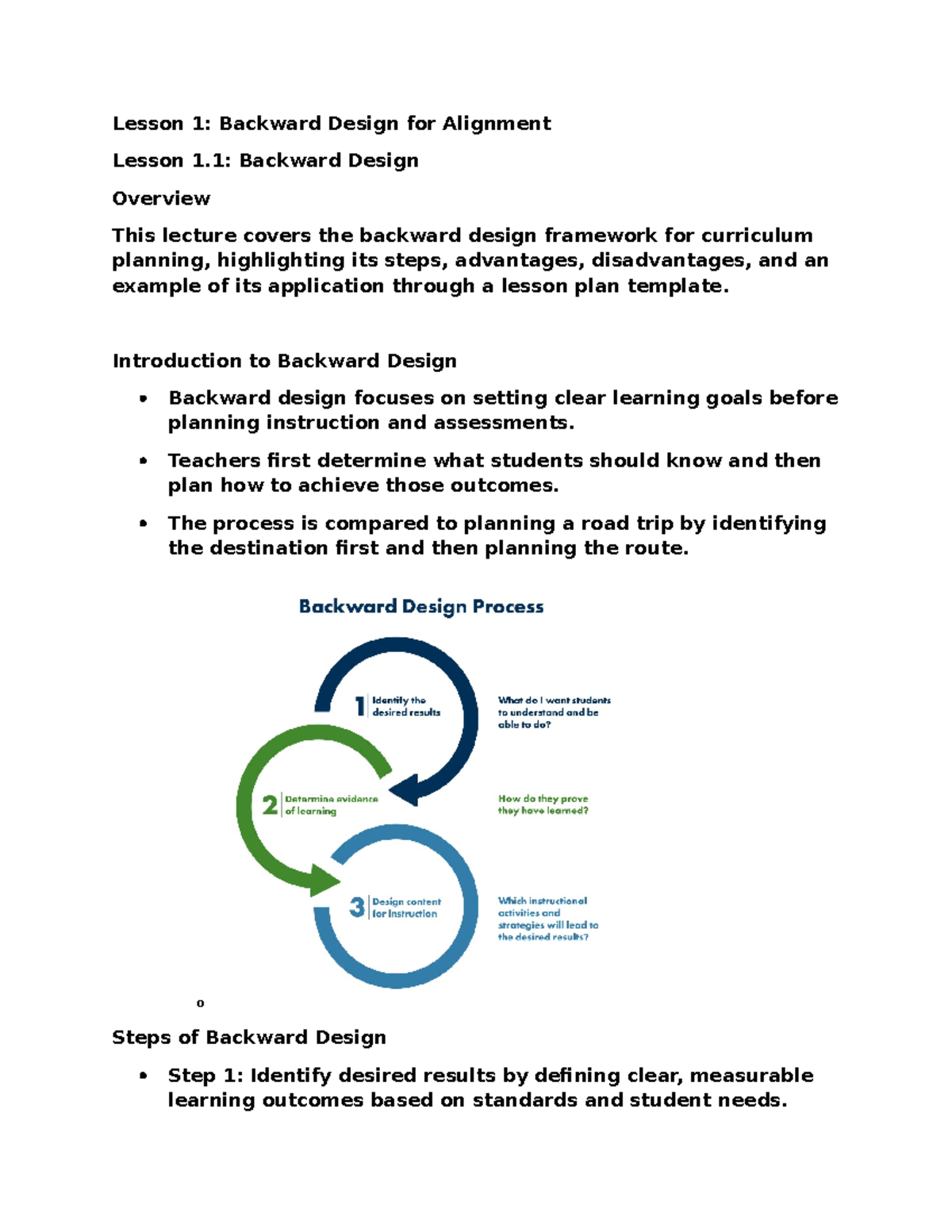 Lesson 1: Backward Design Framework Overview for Curriculum Planning ...