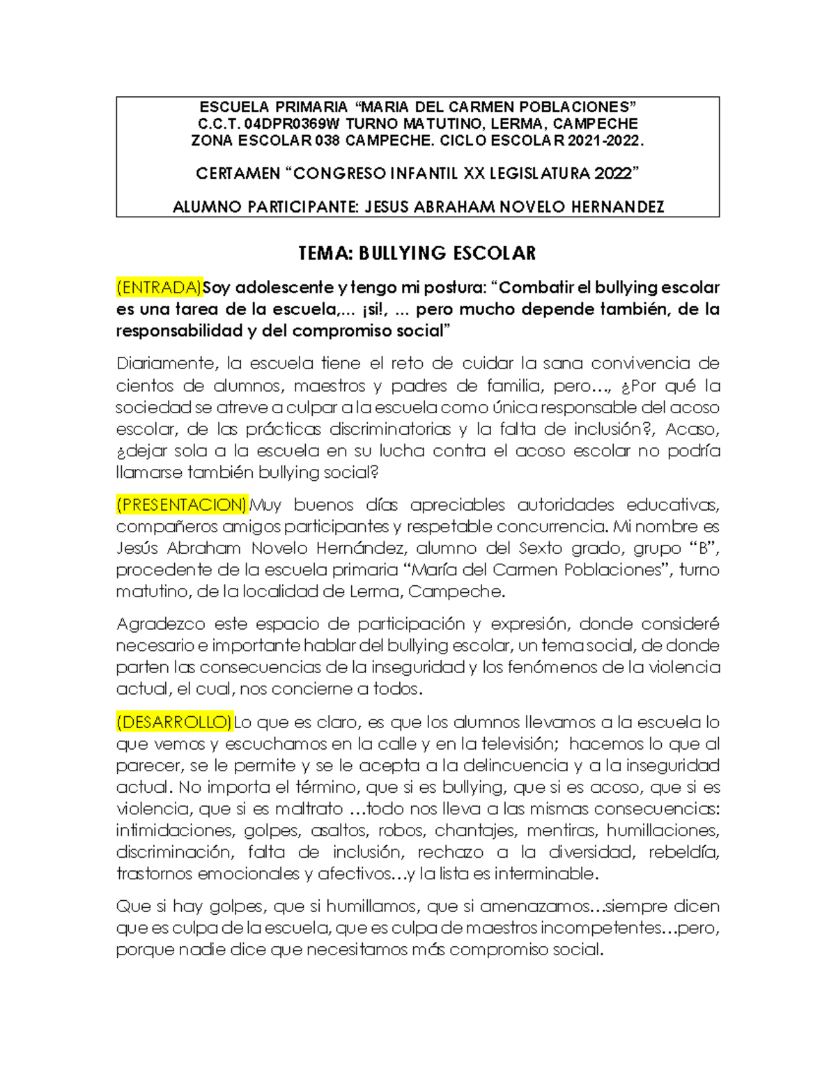 Discurso oratoria 2022 - ESCUELA PRIMARIA “MARIA DEL CARMEN POBLACIONES” C.C. 04DPR0369W TURNO ...