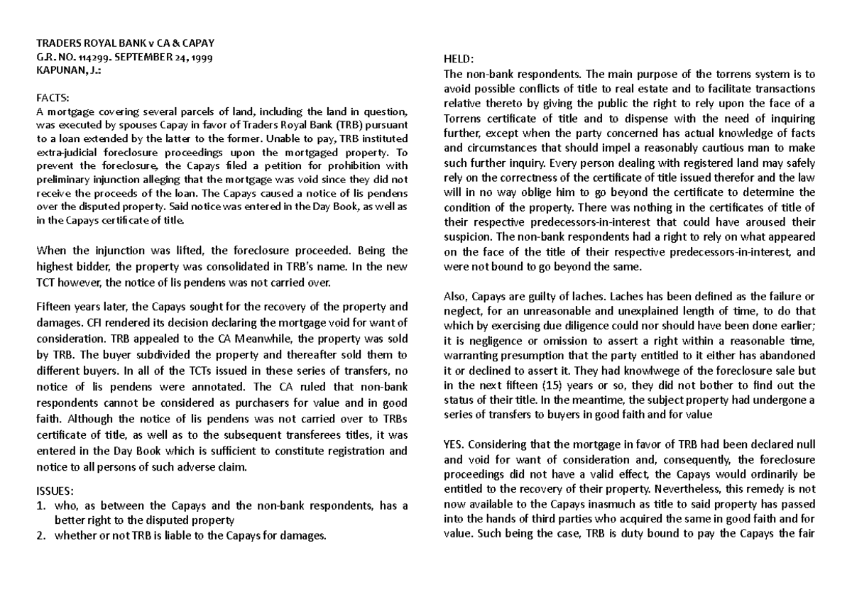 1.2.4. Traders Royal BANK v CA digest - TRADERS ROYAL BANK v CA & CAPAY ...
