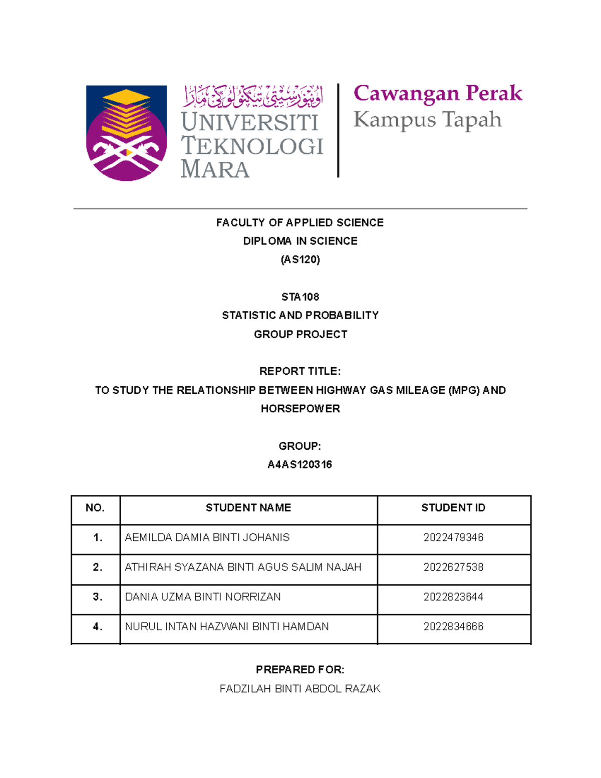 Group Project Report on STA: Relationship Between Highway MPG ...
