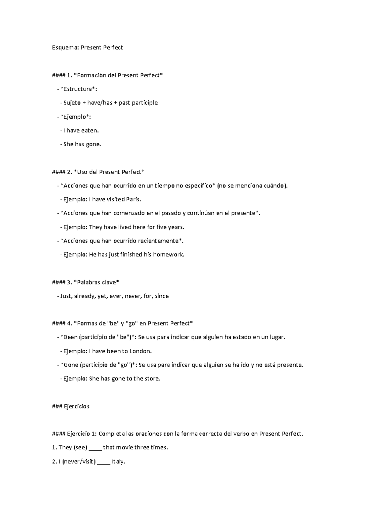 Esquema: Present Perfect y Past Perfect en Inglés - Studocu