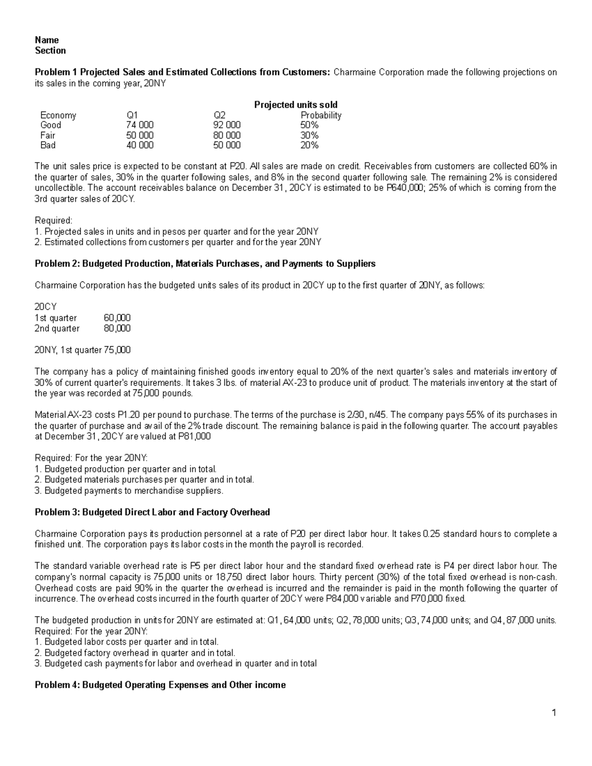 20NY Projected Sales, Budgeted Production & Expenses Analysis - Studocu