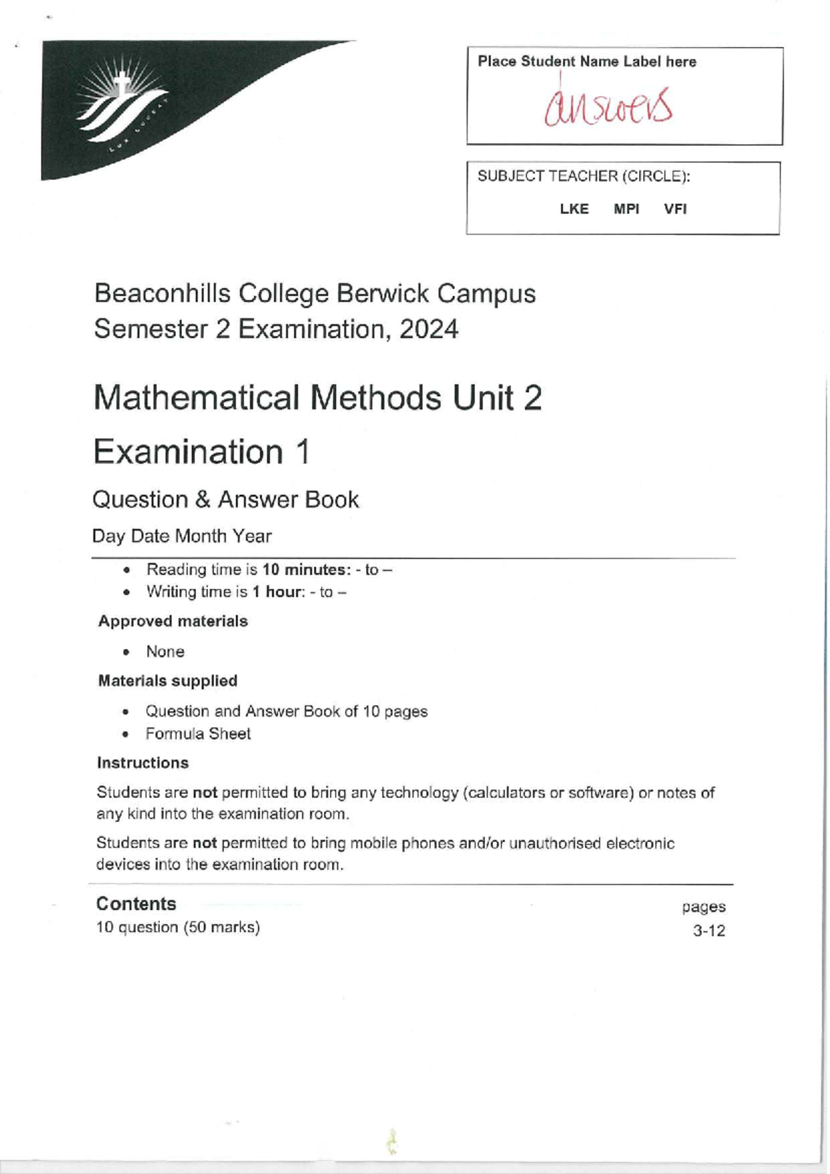 2024 11MMM Unit 2 Mathematical Methods Exam 1 Answer Book - Studocu
