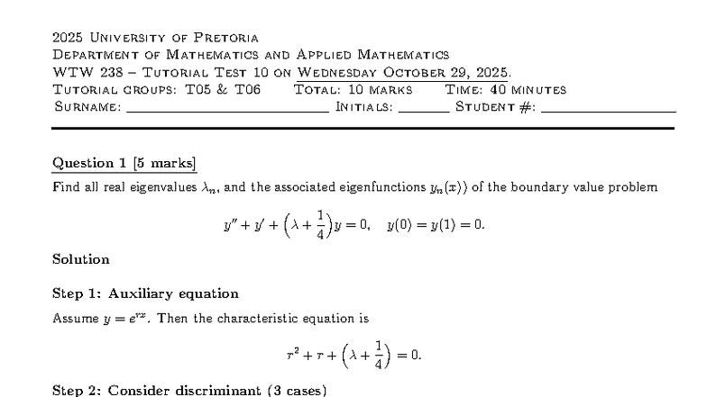 WTW 238 - Tutorial Test 10 Memo: Eigenvalues & Eigenfunctions - Studocu