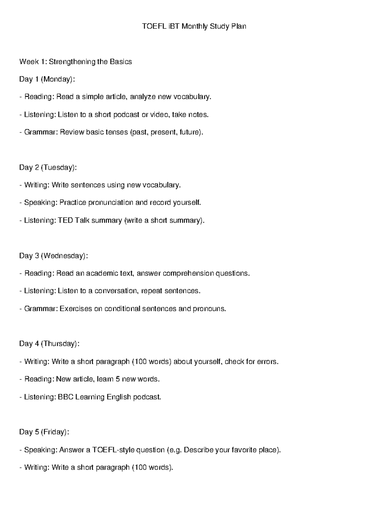 Toefl Study Plan - Yyy - TOEFL iBT Monthly Study Plan Week 1 ...