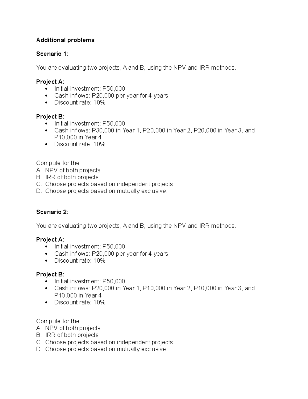 NPV and IRR Analysis for Projects A & B: Additional Problems - Studocu
